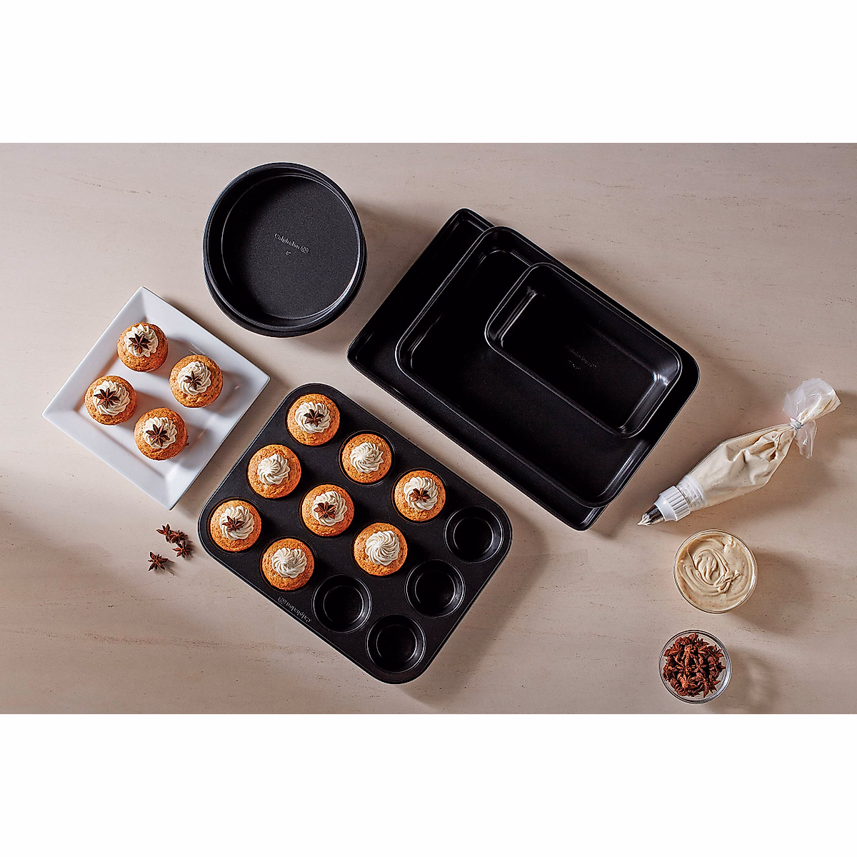 Calphalon Nonstick Bakeware Set, 6-Piece Set Includes Baking Sheet, Cake, Muffin, and Loaf Pans, Dishwasher Safe, Black