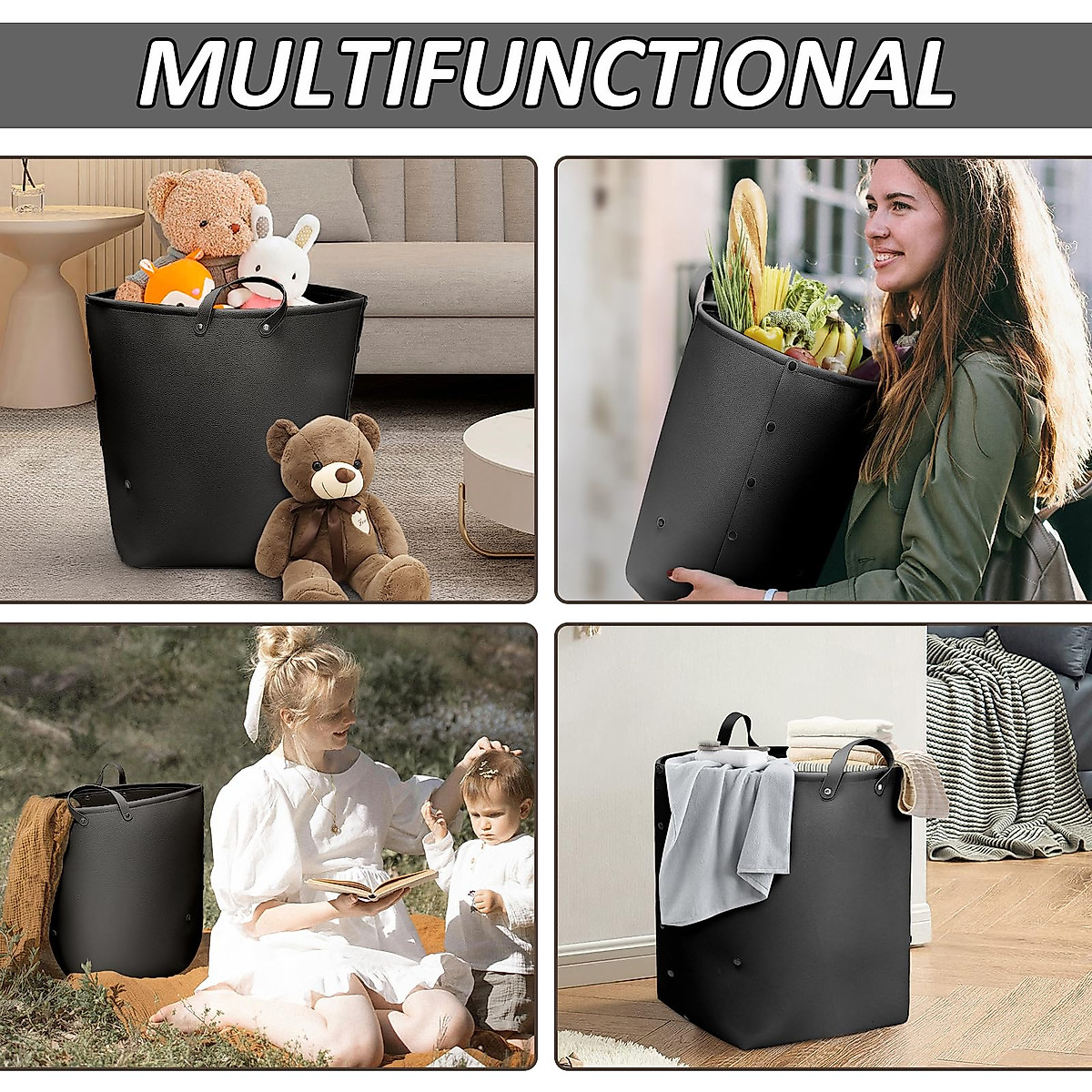 Lacut Dual-use Waterproof Storage Basket, 11.8"x11.8"x17.8" Large Open Storage Organizer Basket with Handles for Home Clothes Car Trunk Camping Picnic Storage (Black)