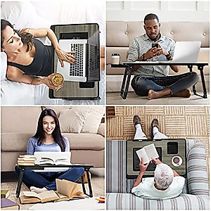 Lap Desk for Adults, Saviki Serving Laptop Bed Tray Breakfast with Folding Legs, MDF Bed Table with Cup Holder, Bed Desk Notebook Stand with Top Storage Drawer, Students Desk/Game Table (Gray)