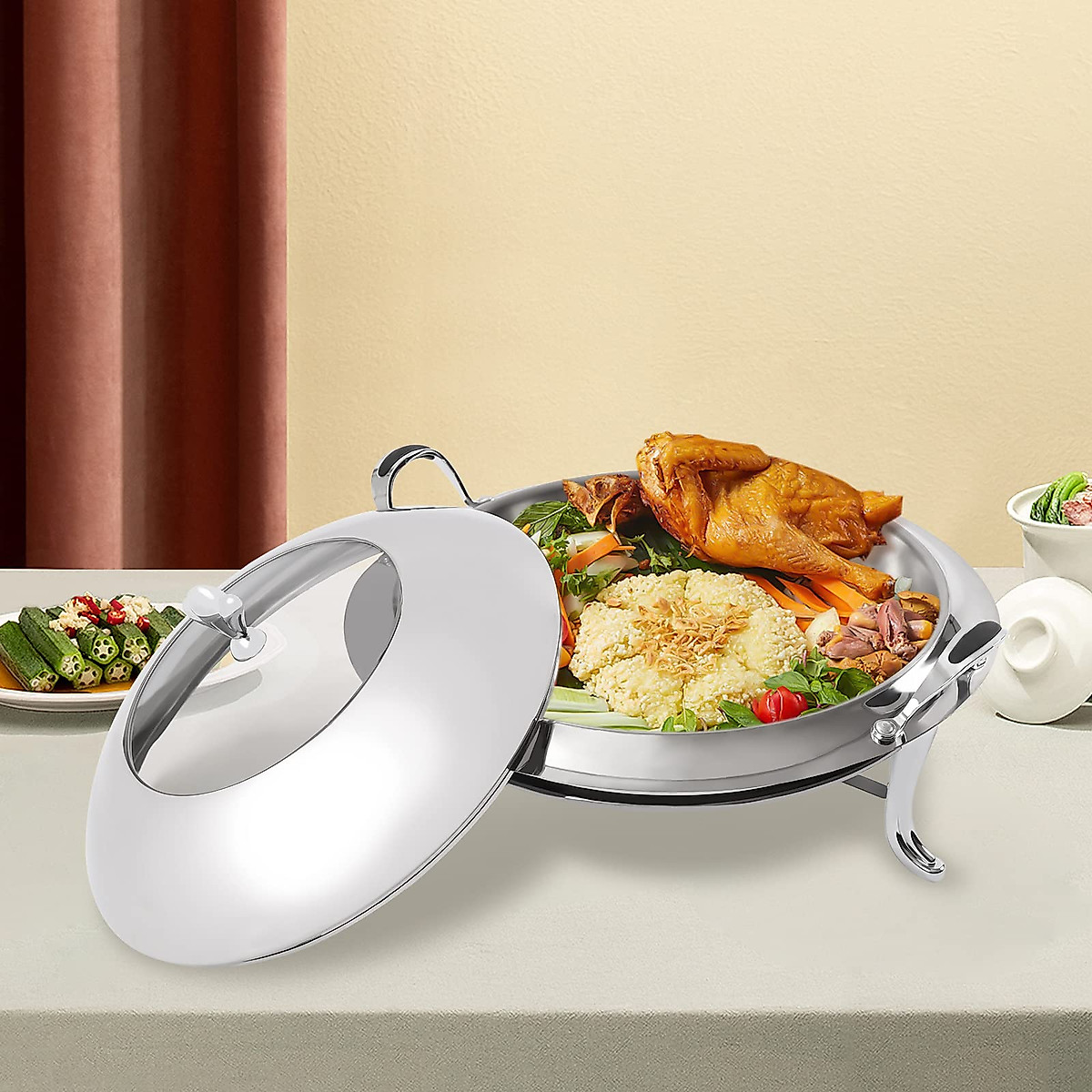 LOYALHEARTDY Round Chafing Dish, 3L/3.17Q Stainless Steel Chafing Dish Buffet Set with Lid & Chafing Fuel Holder Catering Food Warmer Food Warming Tray for Parties, Dinners and Catering