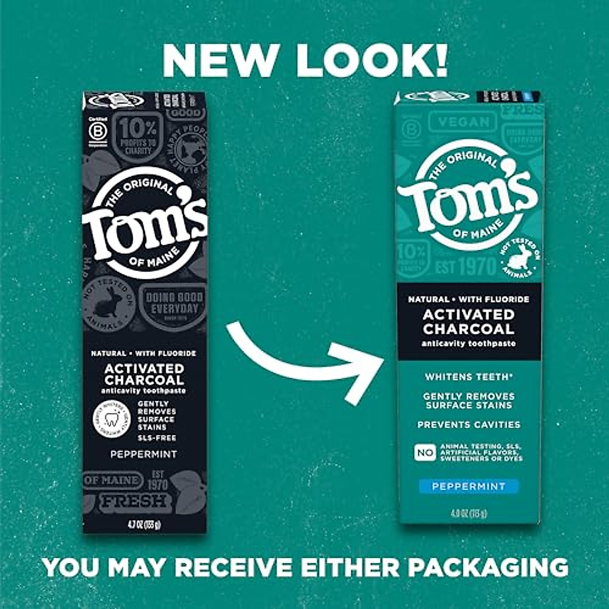 Tom's of Maine Activated Charcoal Whitening Toothpaste with Fluoride, Peppermint, 4.7 oz. 3-Pack (Packaging May Vary)