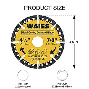 Waies 4-1/2 Inch Metal Cutting Diamond Blade for Angle Grinders, All Purpose Metal Cut Off Wheels for Steel, Rebar, Sheet Metal, Angle Iron, Stainless Steel (3PCS)