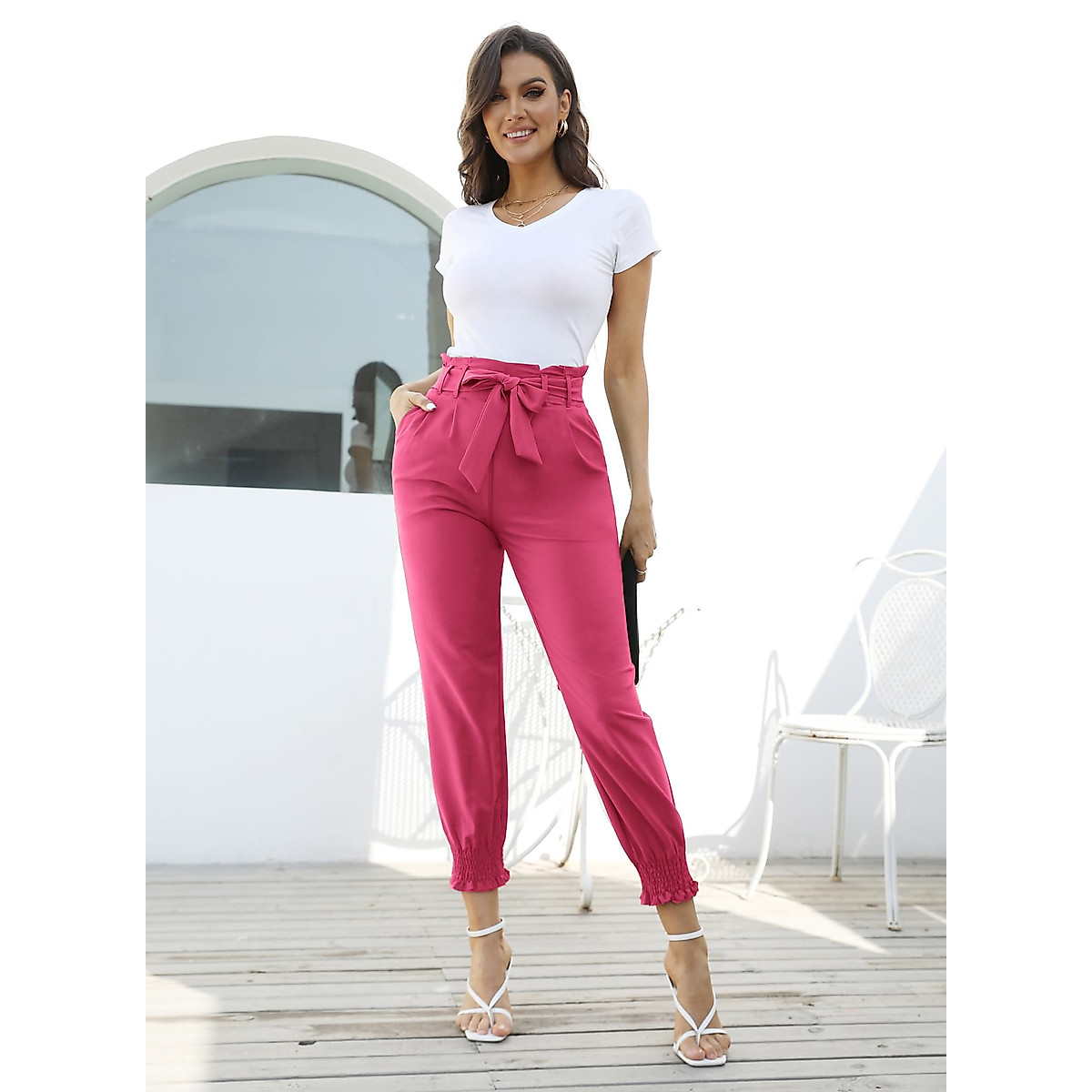 GRACE KARIN Trousers for Women High Waist Self Tie Belt Basic Solid Work Pants Pink S
