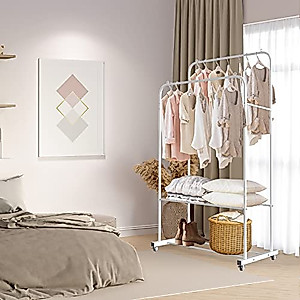 Metal Clothes Hanging Rolling Garment Rack with 2 Tier Shelves and Double Rod, Multi-Purpose Double Rail Standing Closet Storage Organizer, Upgrade Heavy Duty Rolling Pipe Coat Hanger for Boxes Shoes