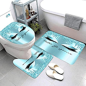 Bellcon 4Pcs Turquoise Hello Gorgeous Bathroom Sets with Rugs and Accessories for Women Lake Blue Bling Eyelash Shower Curtains Sets with Rugs Soft Bath Mat and Toilet Seat Cover