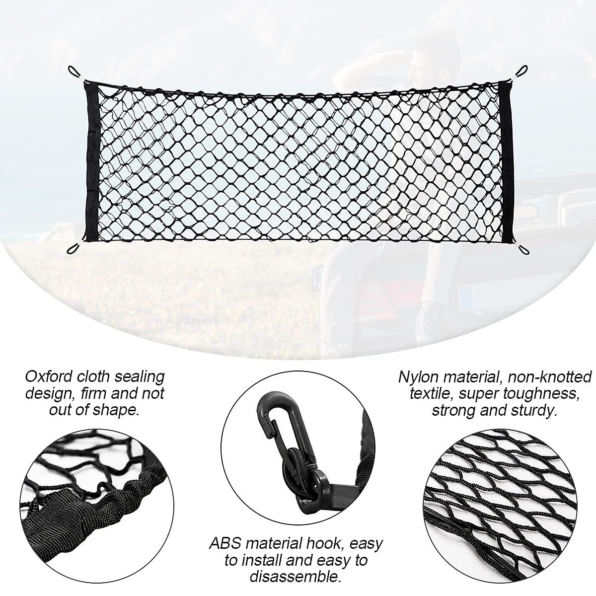 Osilly Car Rear Cargo Net, Double-Layer Adjustable Stretchable Elastic Storage Organizer Net, Trunk Cargo Storage Mesh Net with Hooks, Car Interior Accessories Fit for Car, Trucks, SUV (Small)