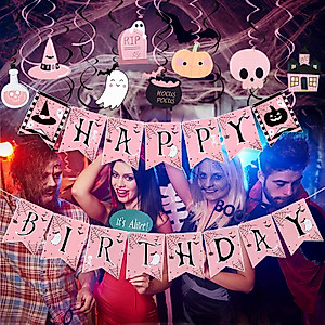 Pink Halloween Happy Birthday Banner and Halloween Birthday Hanging Swirls Happy Birthday Halloween Banner for Pink Girls Halloween Birthday Party Supplies