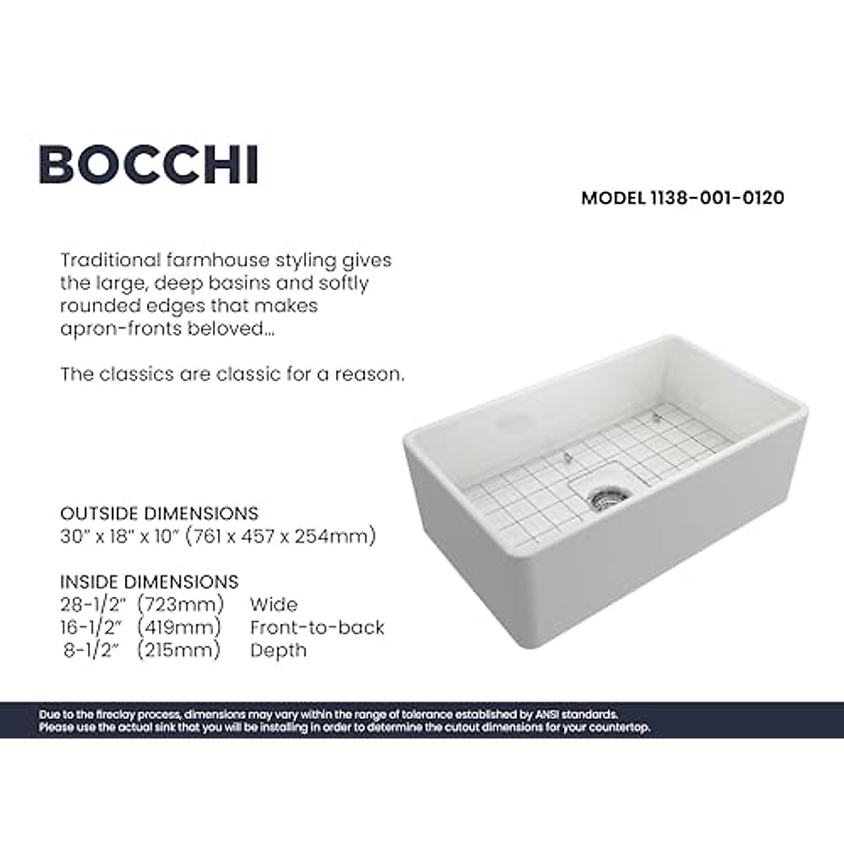 BOCCHI Classico Farmhouse Apron Front Fireclay 30 in. Single Bowl Kitchen Sink with Protective Bottom Grid and Strainer in White