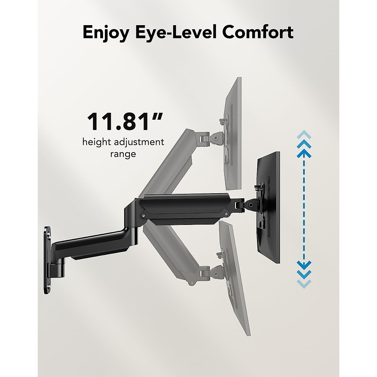HUANUO Computer Monitor Wall Mount for 22 to 35 inch Flat Curved Screens, Single Wall Mount Monitor Arm Holds up to 26.4lbs, Height Adjustable Full Motion Gas Spring Vesa Wall Mount, Max 200x200mm