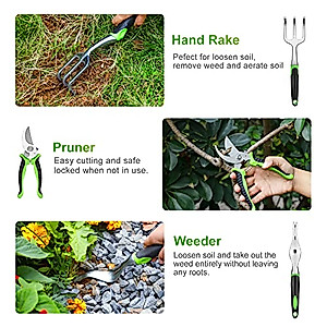 Mr Rabbi Garden Tools Set, 11 Piece Heavy Duty Gardening Tools for Gardening with Non-Slip Rubber Grip, Outdoor Hand Tools, Storage Tote Bag, Aluminum Garden Kit, Gardening Gifts for Men Women