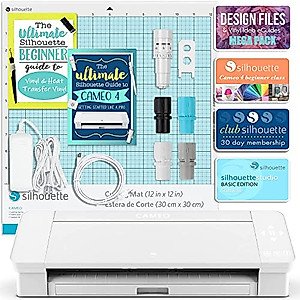 Silhouette White Cameo 4 Starter Bundle with 38 Oracal Vinyl Sheets, T-Shirt , Transfer Paper, Class, Guides and 24 Sketch Pens