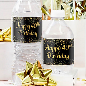 Black and Gold 40th Birthday Party Water Bottle Labels - 24 Stickers