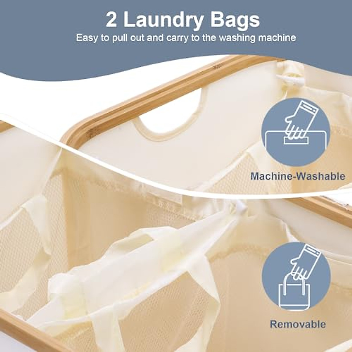 Laundry Hamper 2 Section, 160L Extra Large Laundry Basket with Lid, Double Hampers with 2 Removable Bags for Bathroom, Bedroom, Home, Toy Organizer, Beige