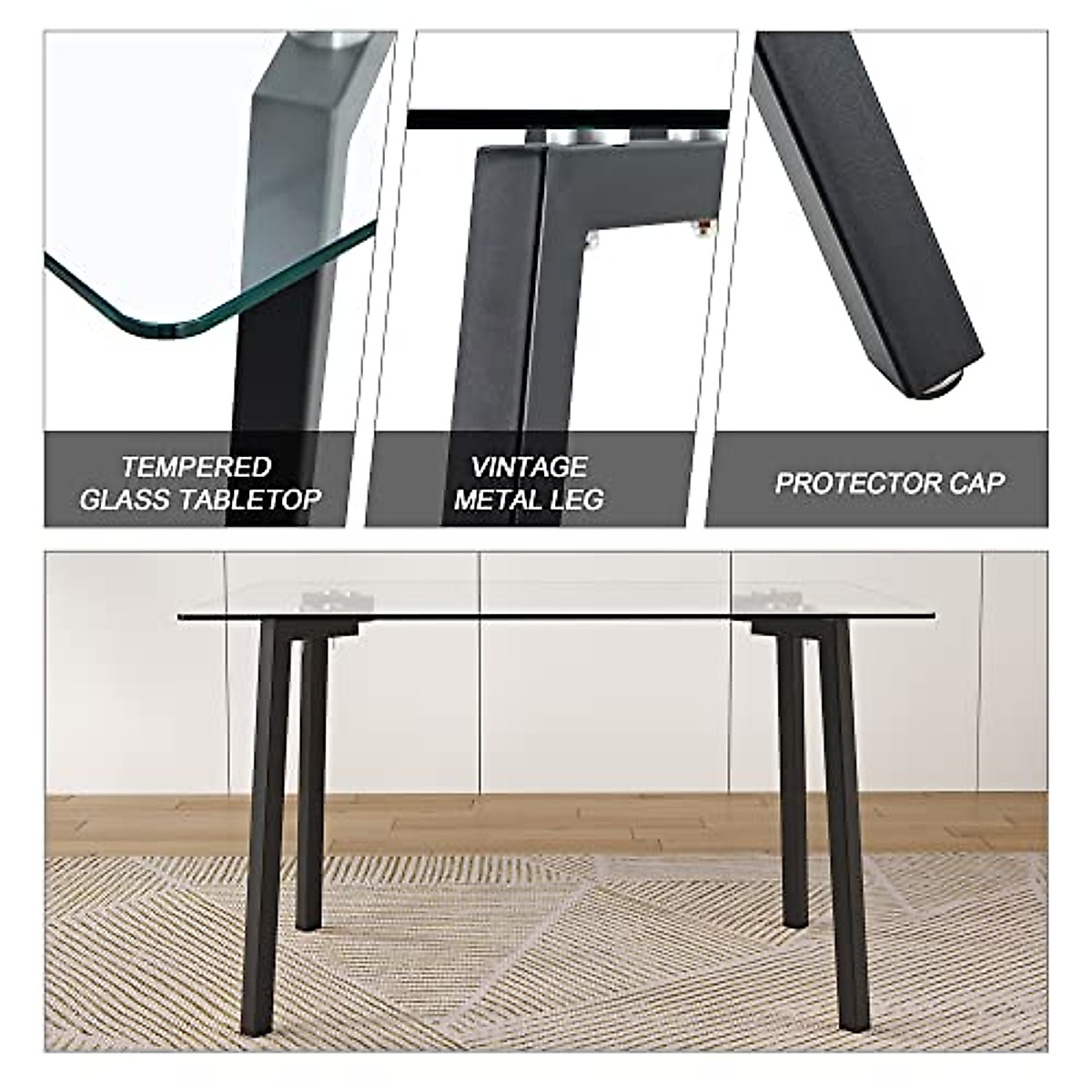 51" Glass Dining Table Set for 4, Small Rectangle Kitchen Room Table with 4 Brown Chairs, Modern Clear Tabletop with Black Metal Legs for Apartment Dining Room Kitchen Living Room