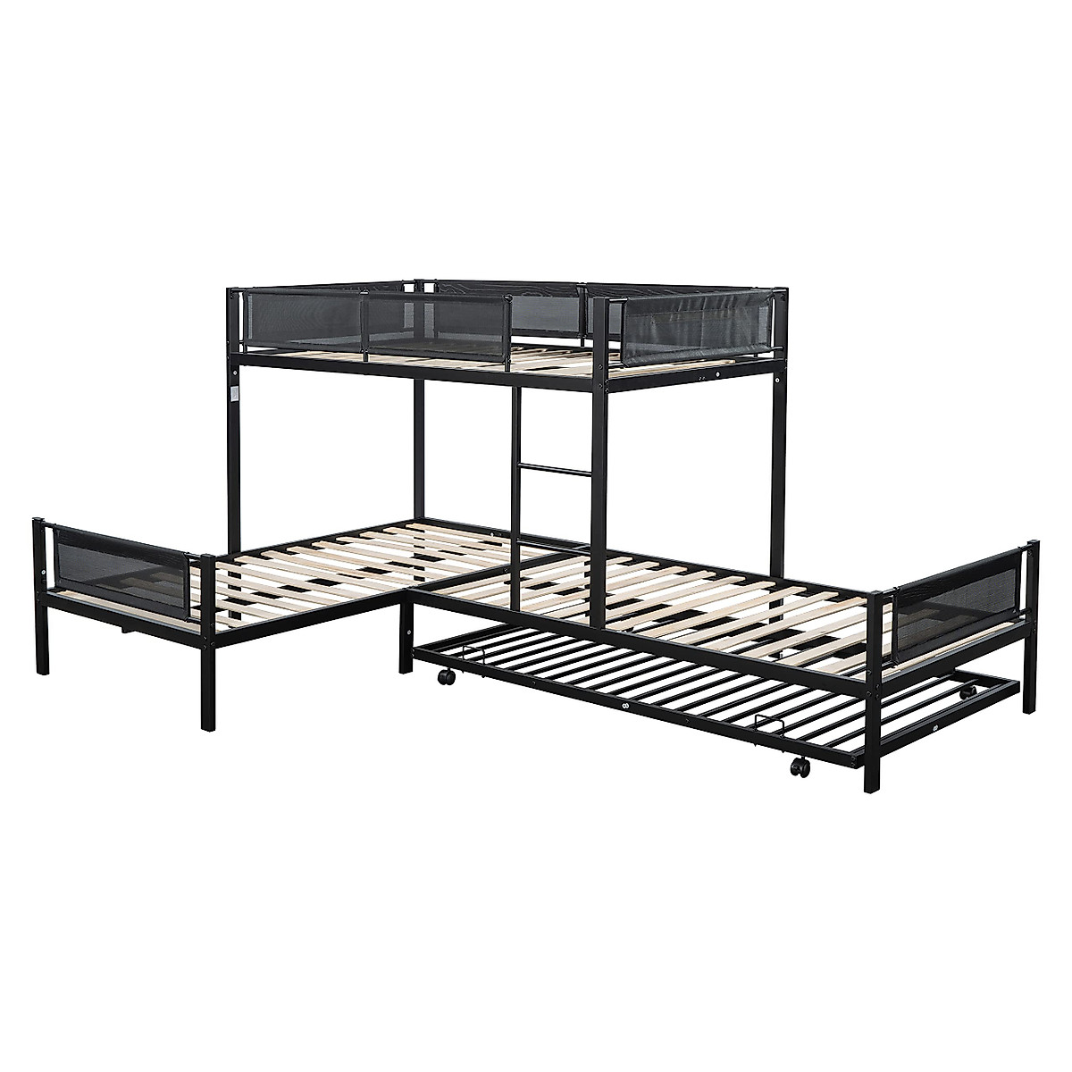 L-Shape Triple Bunk Bed with Trundle, Metal 3 Bed Bunk Beds with for Kids, Twin Size Corner Bunk Bed Frame with Wood Slats Support for 4 Teens, Textilene Guardrails, Black