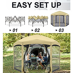 COOSHADE Pop Up Gazebo 6 Sided Screened Canopy Tent Outdoor Screen House(Beige)