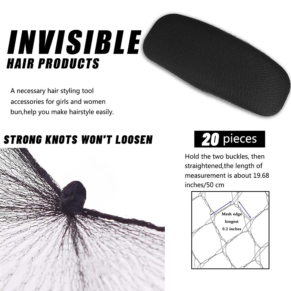 Hair Nets 20 PCS, Smilco 22 Inches Elasticity Invisible Elastic Mesh Wig Nets for Hair Bun Making Ballet Dancer Kitchen Food Serive (Black)