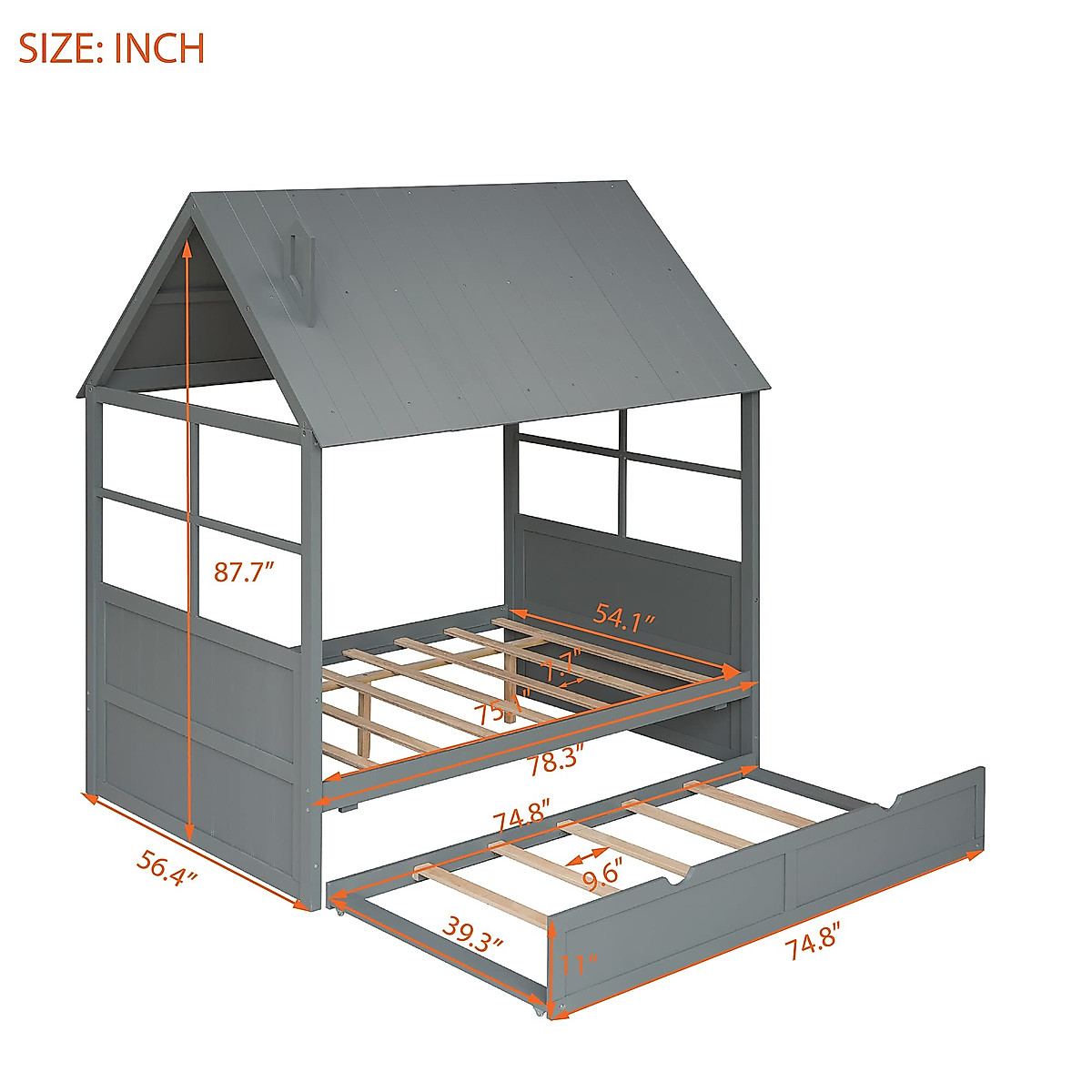 BIADNBZ Full Size House Bed with Twin Trundle, Wooden Platform BedFrame Daybed w/Roof&Window for Kids Boys Girls Bedroom, Gray