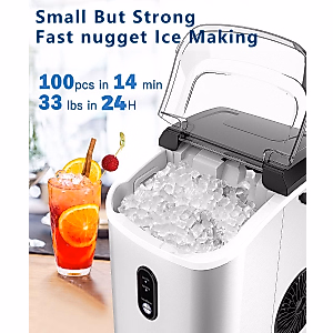Kndko Nugget Ice Maker Countertop,33lbs/Day, Pellet ice Maker,a Basket in 1.5 Hour, Self-Cleaning, One-Click Design, Compact Crushed Ice Maker with Chewy Ice for Home Bar Party，Silver