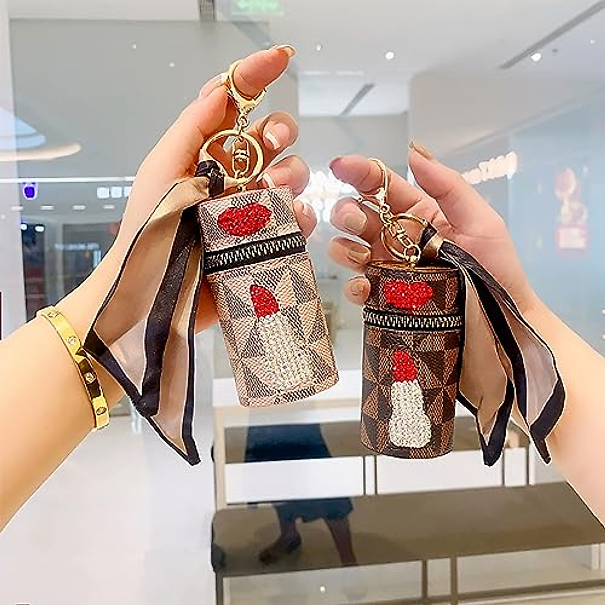 RILOST 2Pcs Lipstick Case, Leather Diamond Lip Gloss Lipstick Organizer, Keychain Mini Lipstick Holder Bag, Girls Travel Lipgloss Makeup Storage for Lipstick Lip Gloss Cosmetics (Brown, Pink)