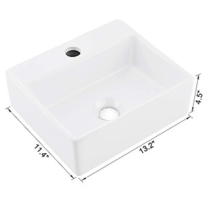 VASOYO Small Wall Mount Corner Bathroom Vessel Sink White Rectangle Porcelain Ceramic Above Counter Vessel Sink Single Faucet Hole Art Basin