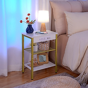 HOOBRO End Table with Charging Station and USB Ports, 3-Tier Nightstand with Adjustable Shelves, Small Side Table for Small Space in Living Room, Bedroom and Balcony, White and Gold DW112BZ01G1