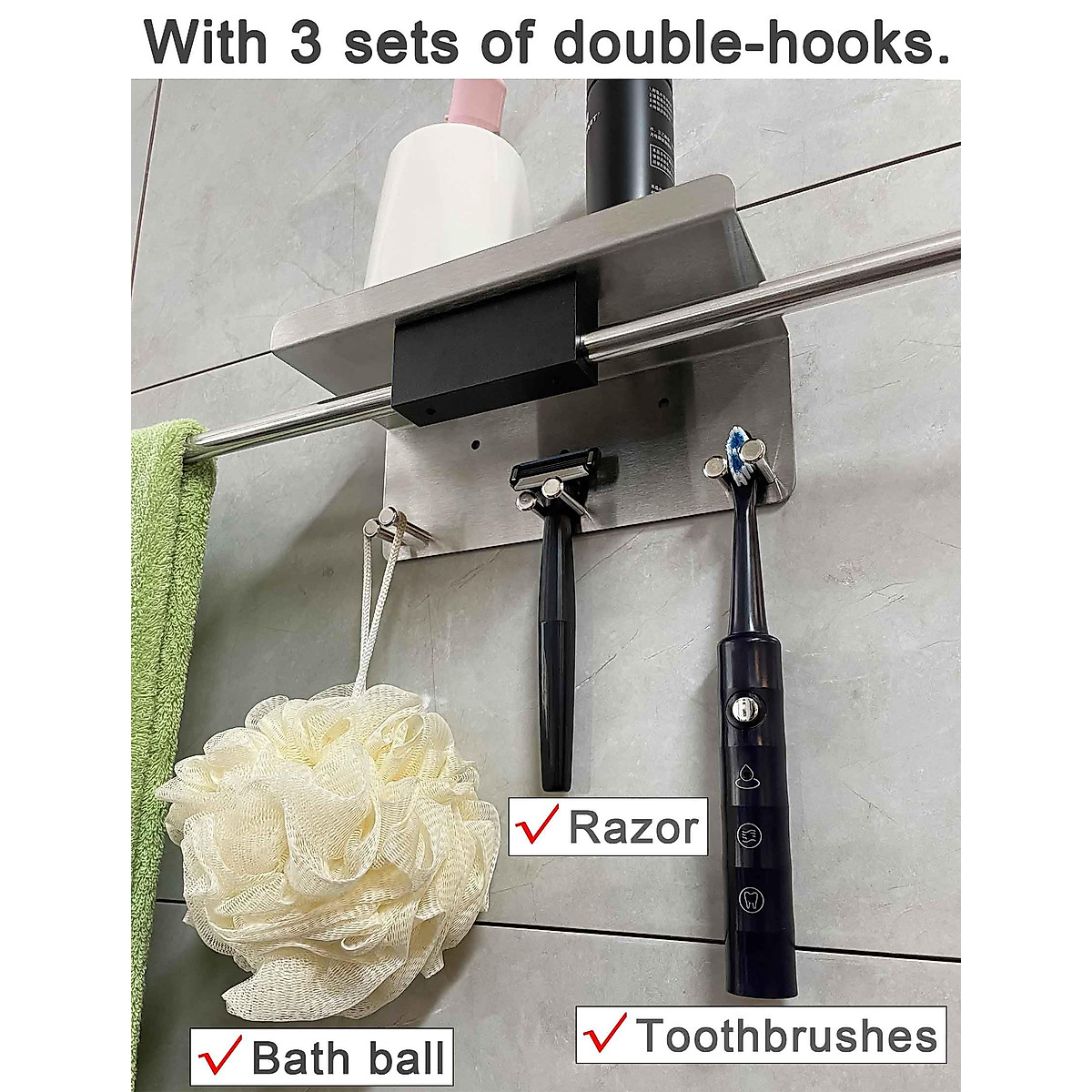 30 inch Stainless Steel Towel Bar, Adhesive No-Drill Towel Rod with Shelf, Towel Holder with Toothbrush Razor Hooks, Towel Rack for Kitchen Bathroom Accessories, Brushed 1 Pack