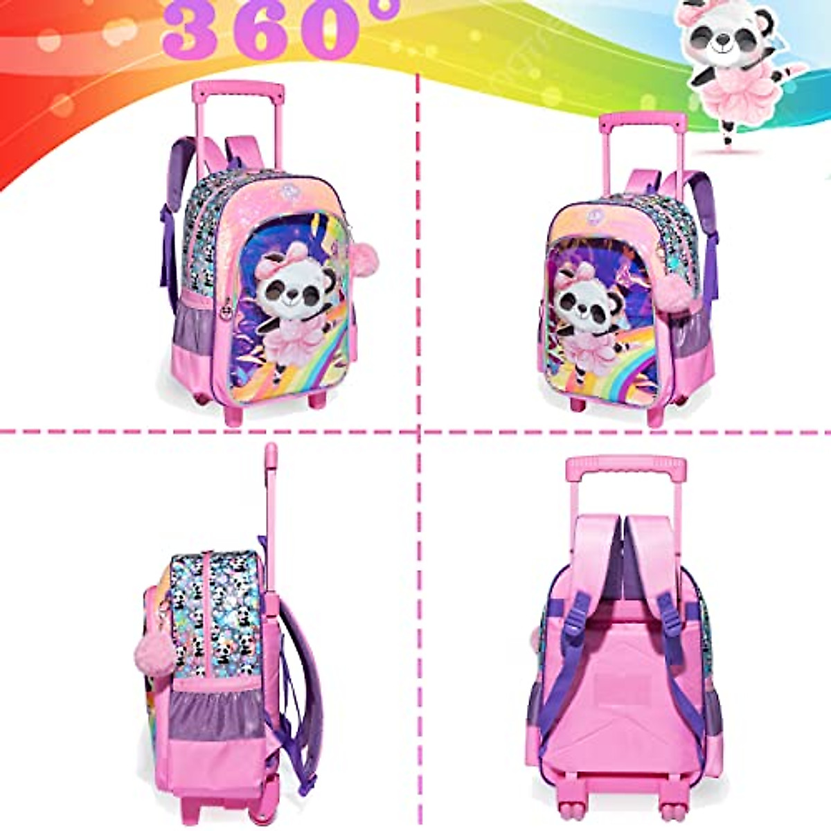HTgroce 3pcs Panda Rolling Backpack Girls Travel Roller Bag with Wheels Kids School Bags Wheeled Luggage Backpack