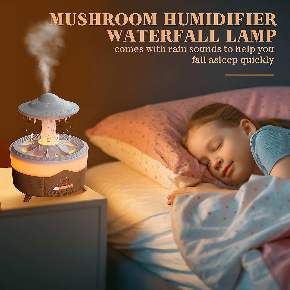 Rain Cloud Humidifier Water Drip, 7 Colors Night Rain Diffuser with Remote Control Timing, Mushroom Diffuser Lamp, Rain Sounds for Sleeping, Desk Fountain (Wood Grain)