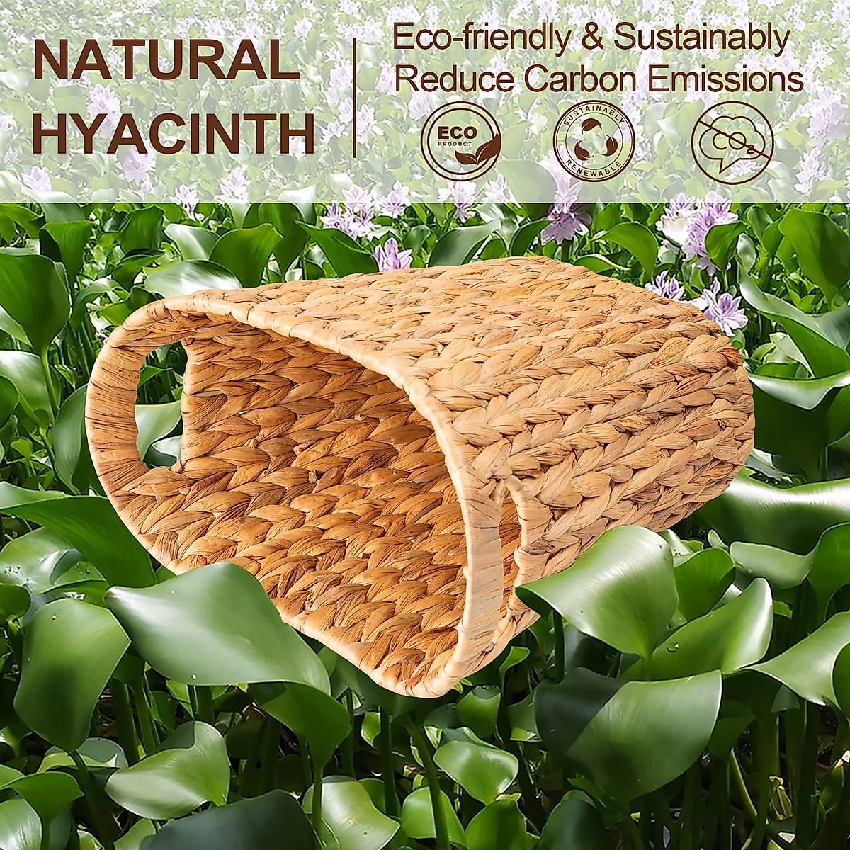 FairyHaus Wicker Trash Can with Handles, Natural Water Hyacinth Wicker Waste Basket, Handwoven Wicker Trash Basket for Bathroom Bedrooms, 13" L x 7.5" W x 12.2" H