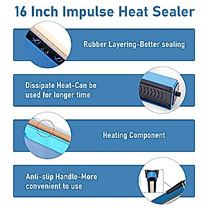 Ganggend 16 Inch Impulse Heat Sealer Manual Poly Bag Sealing Machine Adjustable Timer Heating Closer with Extra Replace Element for Plastic PE PP Mylar Poly Foil Bags