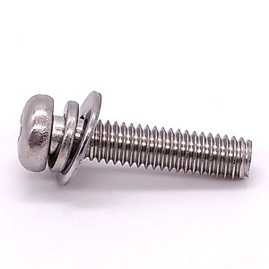 M4-0.7 x 6mm (100 Sets) Pan Head Machine Screws with Flat Washers and Lock Washers, Stainless Steel 304 (18-8), Phillips Drive, Full Coarse Thread UNC, Bright Finish