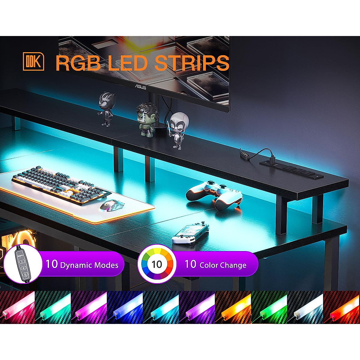 ODK 63 inch Computer Desk with Power Outlets & LED Lights, Gaming Desk with Monitor Stand & Storage Sheves, Home Office Desk, Black