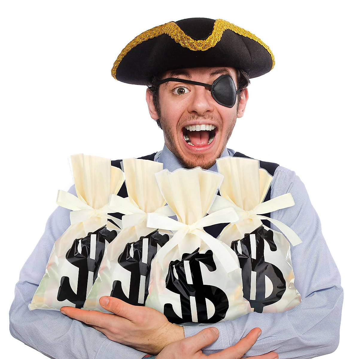 Tinlade 60 Pieces 6 x 9 Inch Money Treat Bags Sign Party Favor Candy Bag Loot Bags for Party Sign Sacks with 25 Yards Ribbon for Party Favor Theme Supplies