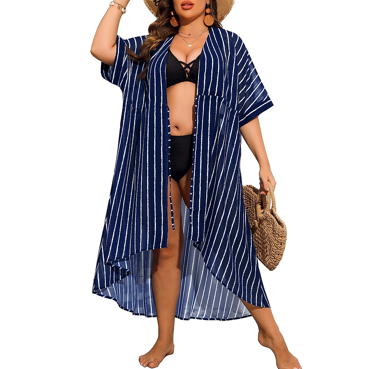 SWOMOG Women Cover Ups Plus Size Swimsuit Chiffon Kimono Long Cardigan Open Front Bathing Suit Summer Flowy Bikini Beachwear