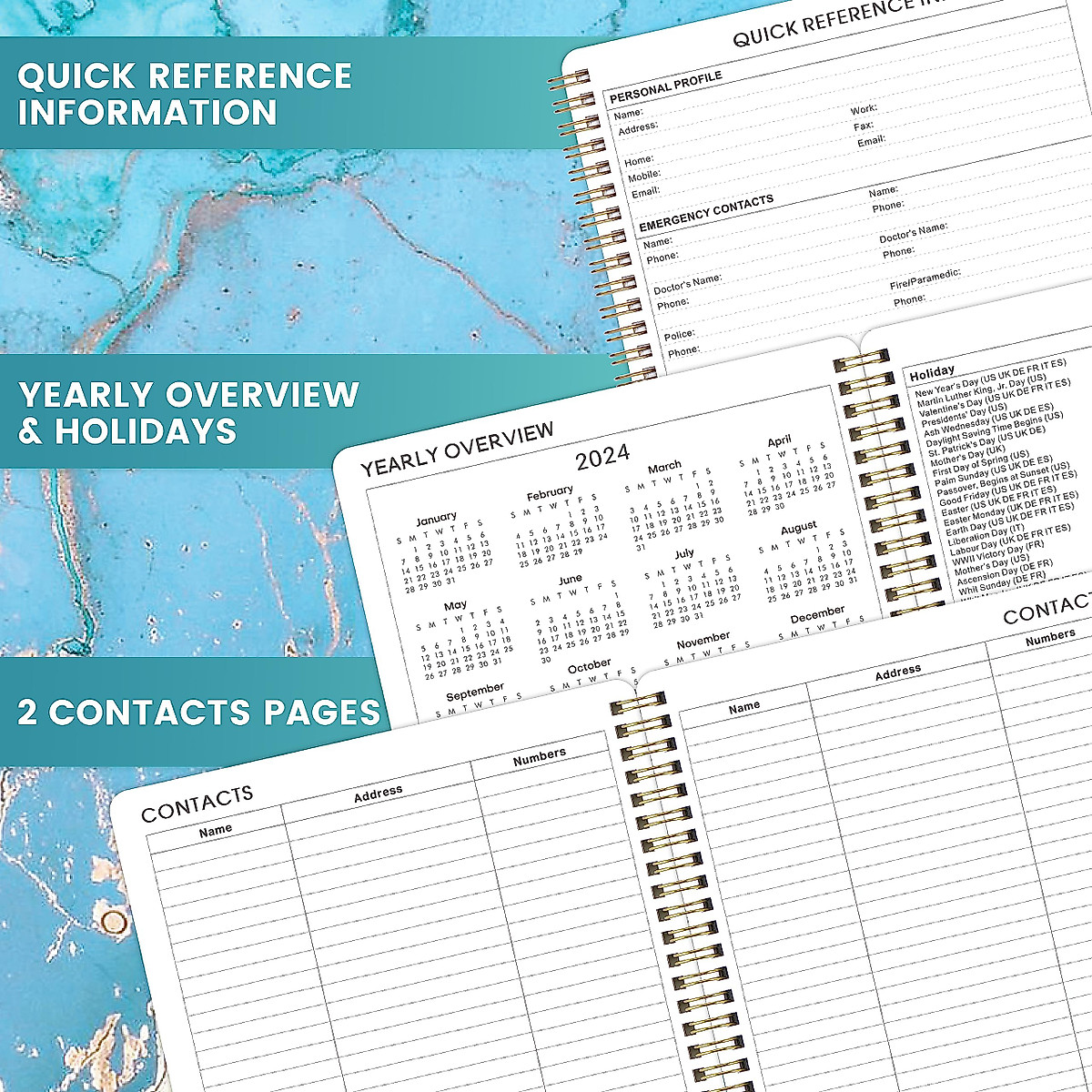 2024 Planner - Jan. 2024 - Dec. 2024, Planner 2024/Calendar 2024, 2024 Planner Weekly and Monthly with Printed Tabs, 8" x 10", Flexible Cover, Thick Paper, Perfect Daily Panner & Organizer - Blue Sand
