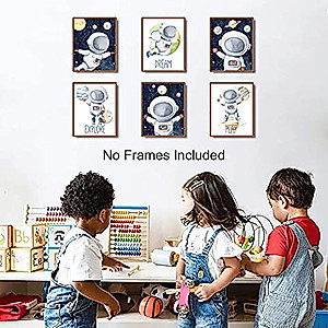 RUIYAN 6 Pieces Funny Inspirational Cartoon Outer Space Astronaut Planet Wall Art, Explore Dream Discover Art for Boys,(8*10inch)Perfect Nursery Playroom Classroom or Children Room Decor