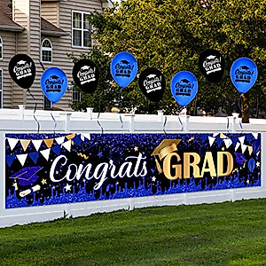 2023 Graduation Banner Decoration Set, Large Congrats Grad Banner with 8 Pieces Balloons Blue and Gold Class of 2023 Yard Sign for High School College Graduation Party Outdoor Hanging Decorations(blue)