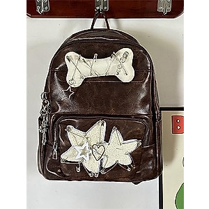 JHTPSLR Y2K Gothic Backpack Vintage Aesthetic PU Leather Backpack Y2K Gothic Accessories Backpack Grunge Y2K Backpack Trendy Backpack (Retro Brown)