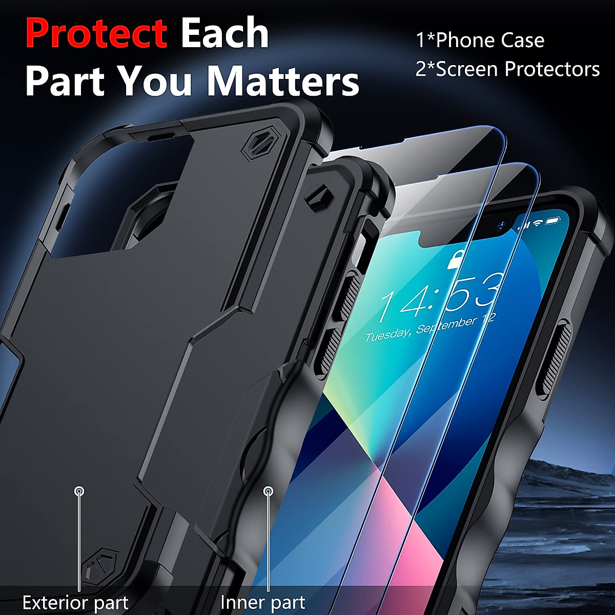 SPIDERCASE Designed for iPhone 13 Mini Case, with 2 Packs [Tempered Glass Screen Protectors] [10FT Military Grade Drop Protection] [Non-Slip] Heavy Duty Shockproof Case, Black
