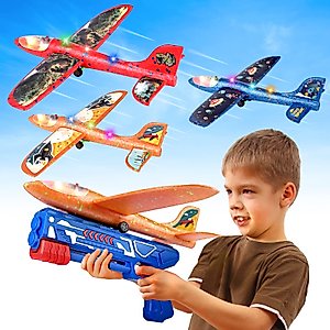 3 Pack Foam Airplane Launcher Toy with 3 DIY Stickers, 12.6" Glider Led Plane, Catapult Plane Boy Toys, Outdoor Sport Flying Toys for Kids Birthday Gifts for 4 5 6 7 8 9 10 11 12 Year Old Boys Girls