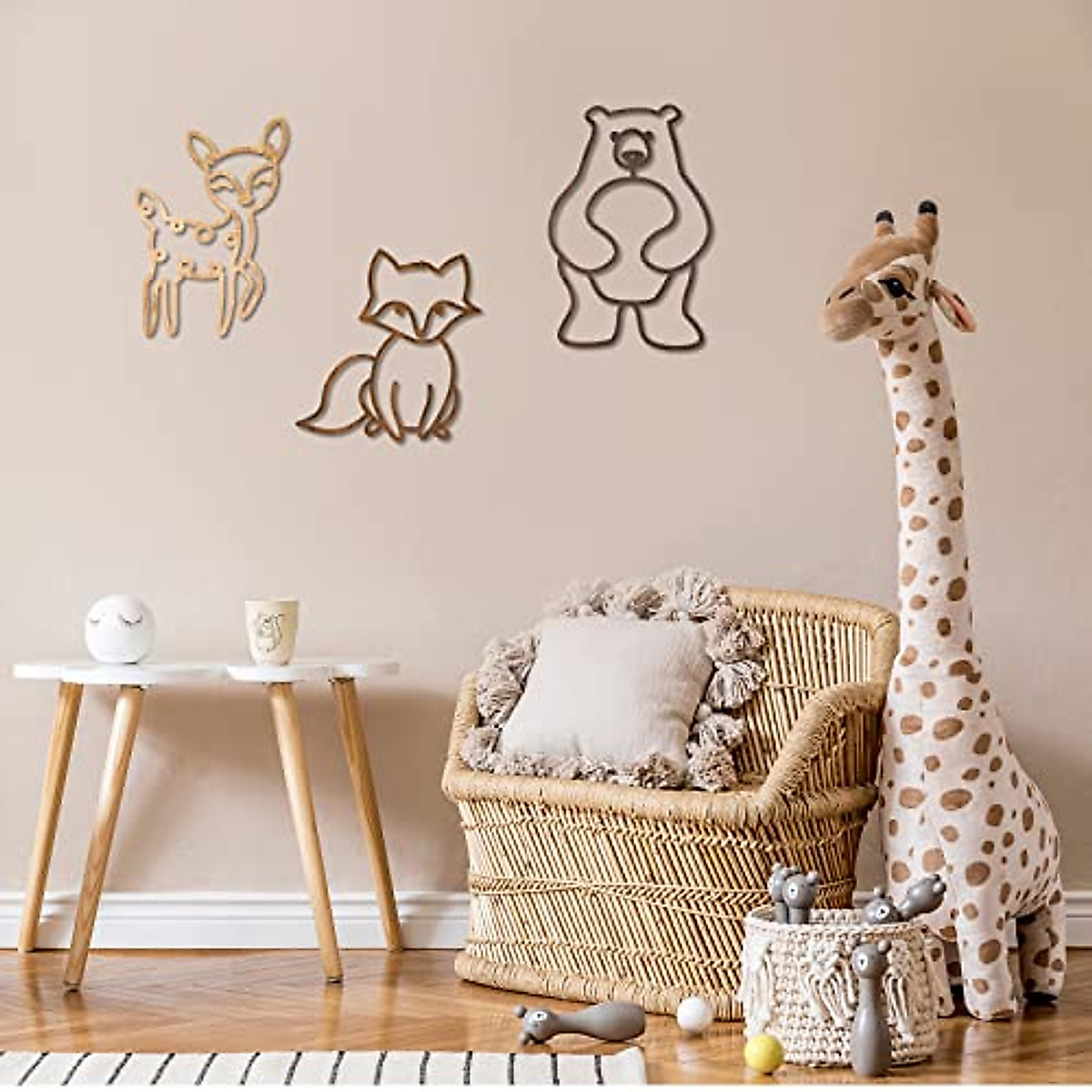 Yulejo Woodland Nursery Decor 3 Pieces Wooden Animal Theme Wall Decor Nursery Jungle Wall Art Geometric Safari Wall Decor Jungle Decor with Glue Points for Themed Room (Deer, Bear, Fox)