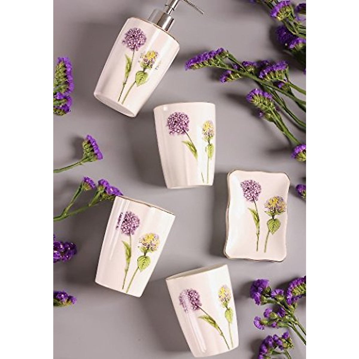 JruF Dandelion Love Ceramic 5 Piece Set Of Bathroom Accessories, Including Decorative Countertop Soap Box, Toothbrush Holder, Tumbler, Lotion Dispenser, Gift Box (Purple)