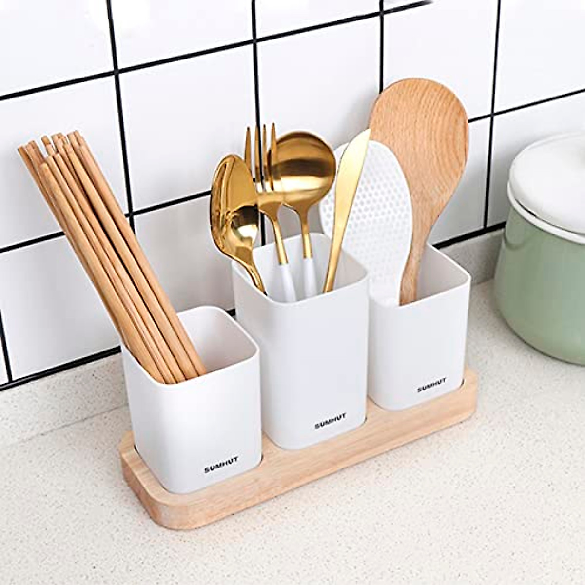 Jaugufiy Cutlery Drying Rack Holder Utensil Drying Rack Basket, Cutlery Holder with Bamboo Base for Bar Kitchen Countertop Storage, Organize Forks, Knives, Spoons