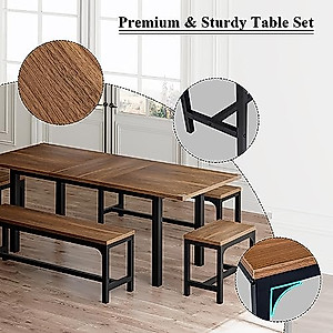 Feonase 5-Piece Dining Table Set for 6-10 People, 63" Large Extendable Kitchen Table Set with 2 Benches and 2 Square Stools, Dining Room Table with MDF Wood Board, Easy Assembly, Walnut