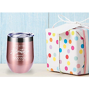 momocici And So The Adventure Begins Wine Tumbler.Graduation,Promotion,Going Away,New Journey,Job Change Gifts for Daughter,Granddaughter,BFF,Best Friends,Women Mug(Rose Gold)