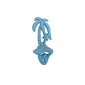 Handcrafted Nautical Decor Rustic Light Blue Cast Iron Wall Mounted Palm Tree Bottle Opener 6" - Bottle O