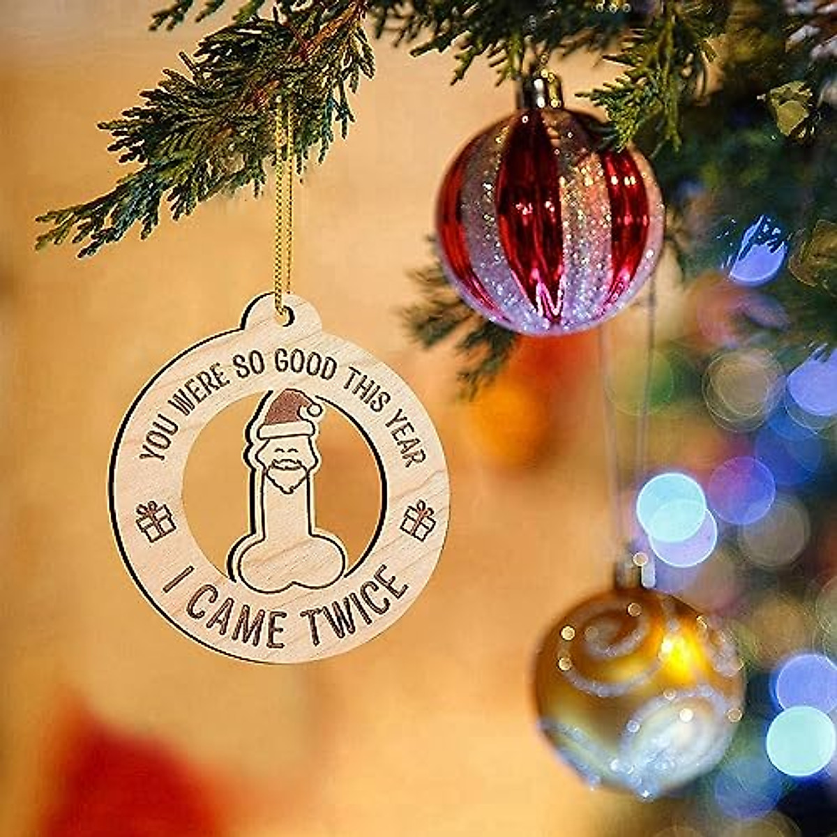 Funny Christmas Ornaments, Funny Wooden Penis Christmas Tree Ornament, Hanging for Car Pendant Mirror, Gag Rearview Gift for