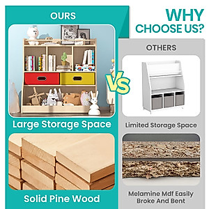 EXPERLAM Wood Toy Storage Organizer with Bookcase, 4-Tier Kids Bookshelf with 2 Movable Drawers, Kids Bookshelf and Toy Storage, Kid’s Multi Shelf Cubby & Book Shelf for Playroom, Bedroom, Burlywood