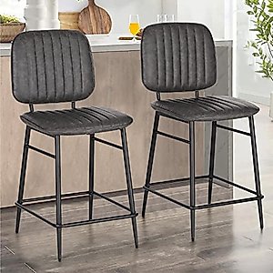 ALPHA HOME Bar Stools Set of 2, Counter Stools with High Back, Modern Upholstered Cushion Barstools Chair with Metal Frame for Kitchen Dining Cafe Indoor, 24 Inch, Dark Grey, 2PCS